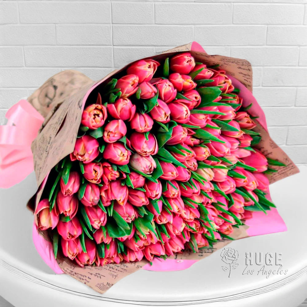 100 Double Tulips Wrapped Bouquet